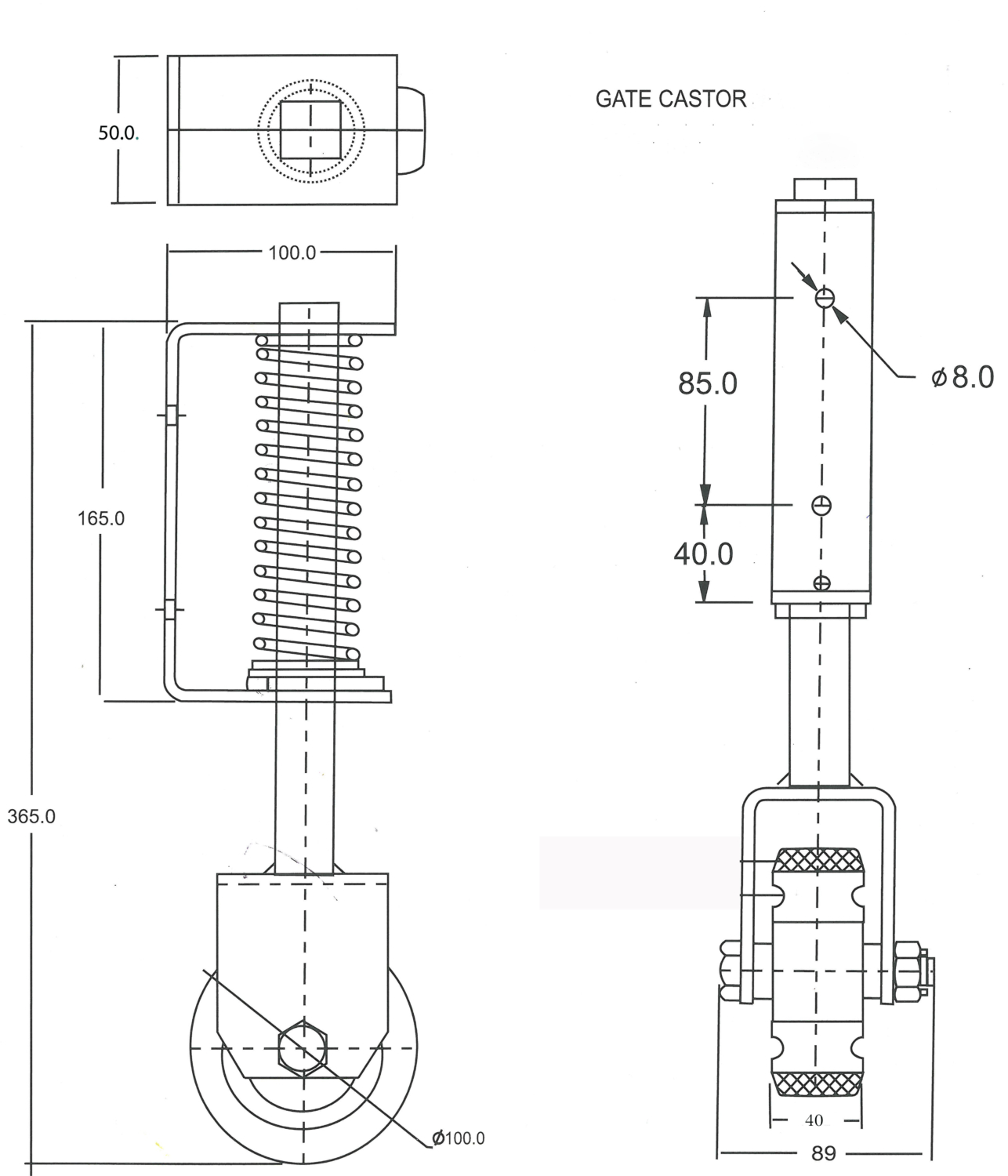 Heavy Duty Spring Loaded Gate Castor with 100mm Nylon Wheel
